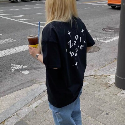 前后钻石印花圆领夏季黑色短袖