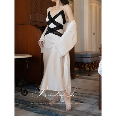 夏季冰丝V领蕾丝吊带睡裙