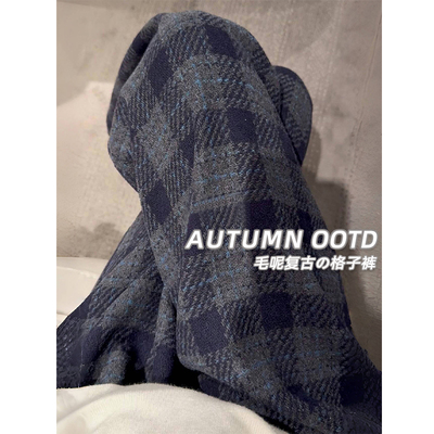 秋冬季加绒毛呢格子裤休闲宽松