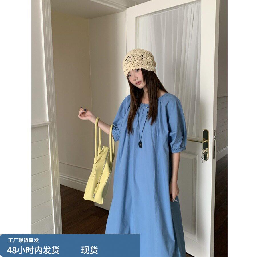 孕妇装夏季新款韩版宽松遮肉显瘦百搭泡泡袖连衣裙设计感小众长裙