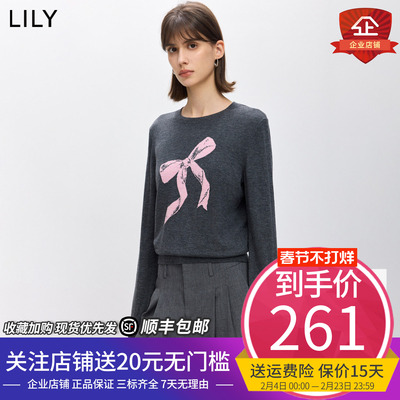 LILY2026春新款女装羊毛混纺格雷系撞色蝴蝶结圆领灰色针织衫毛衣