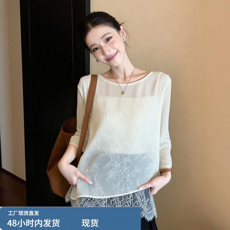 2026夏季新款薄款雪纺拼接蕾丝假两件T恤大码胖mm宽松罩衫上衣女