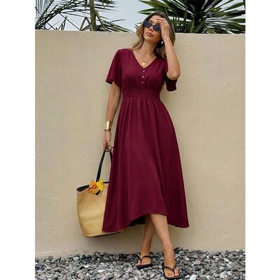 Wine Color V Neck Waist Cinching Flowy Womenswear Dress