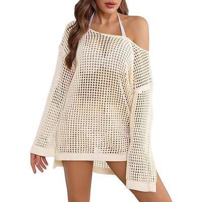 Women's Hollow Out Swimsuit Cover Up  Long Sleeve Loose Fit