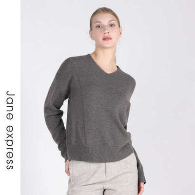 Jane express/简表达24年冬季新款百搭套头高级灰棕毛衫DMS43001