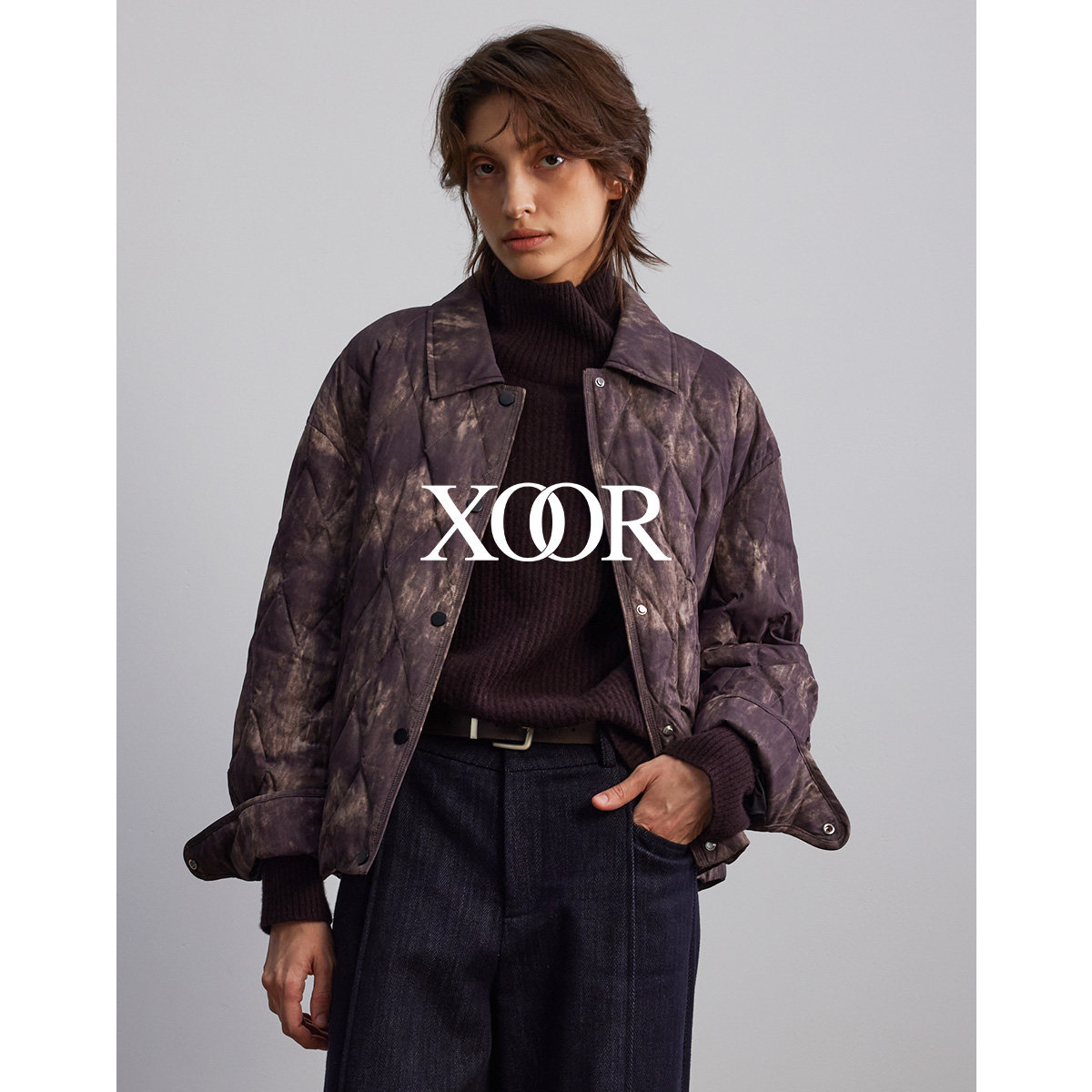 XOOR 100%绵羊毛高领毛衫2025冬女空气感纹理慵懒风宽松针织上衣