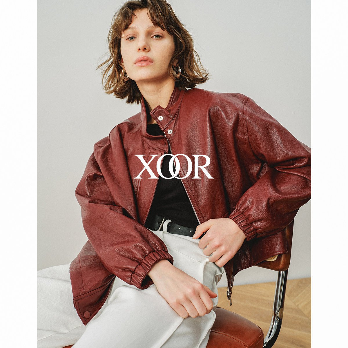 XOOR优质皮质短款皮衣女 2026春 波特酒红立领宽松廓形酷飒上衣
