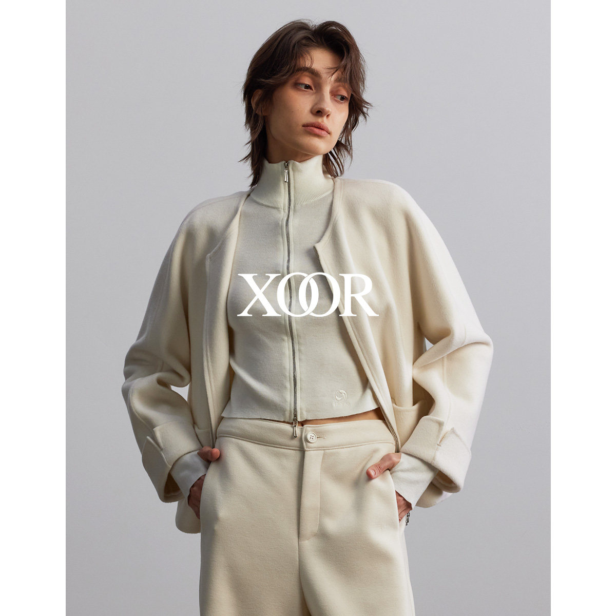 XOOR羊毛混纺双开高领毛衫2025冬女定制金属拉链修身百搭针织上衣