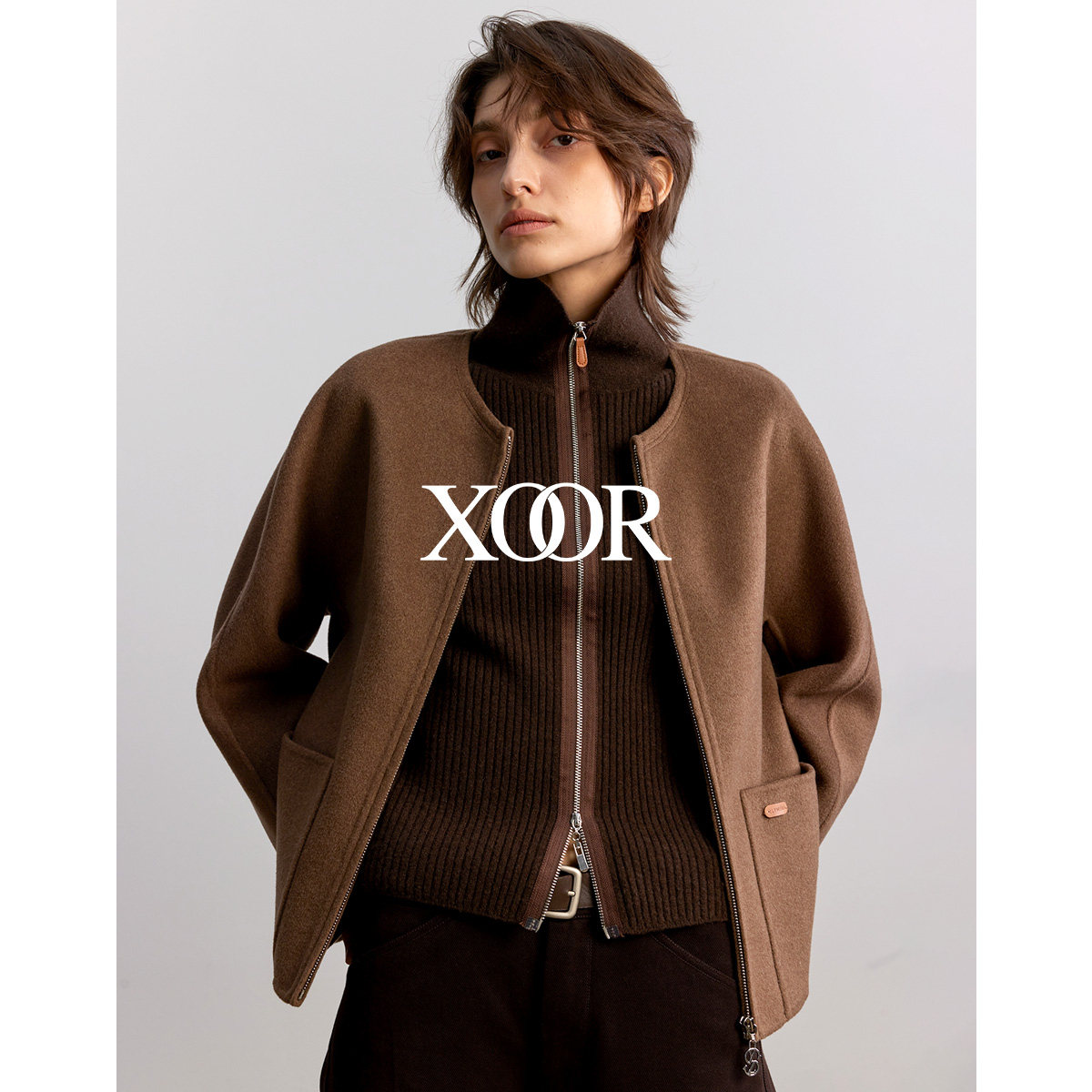 XOOR羊毛羊绒混纺短款外套2025冬女不规则简洁大气低调高级感上衣