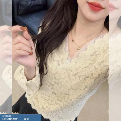 2025超火法式精致v领长袖蕾丝打底衫女秋冬性感叠穿内搭小衫上衣