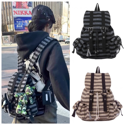 正品tensedance杨超越同款条纹抽绳多口袋双肩包背包登山包电脑包