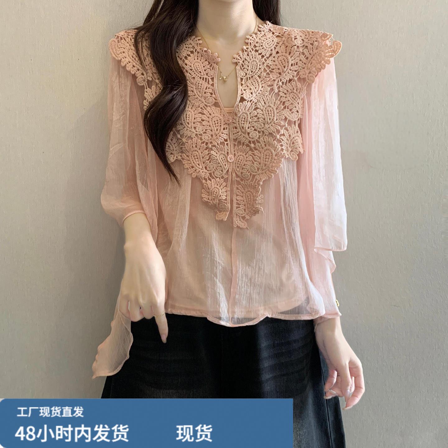 法式蕾丝拼接V领短袖雪纺衬衫女大码胖mm独特巨好看小衫超仙上衣