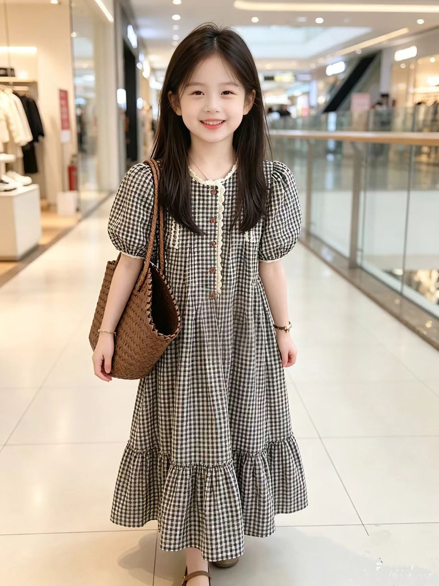 女童连衣裙夏季纯棉薄款黑白格子透气薄款女童中大童小童气质洋气