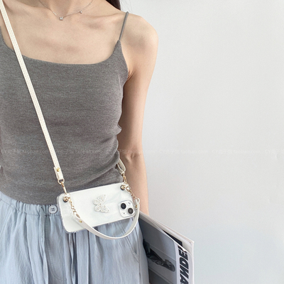 钻钻珍珠蝴蝶结透明带挂绳手机壳