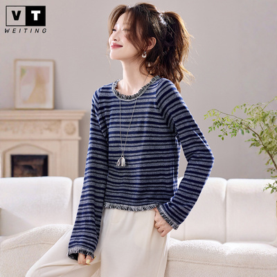 WEI TING高级感条纹针织上衣女春秋2025新款小个子宽松毛衣打底衫