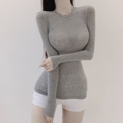 韩国基础款紧身微透长袖t恤