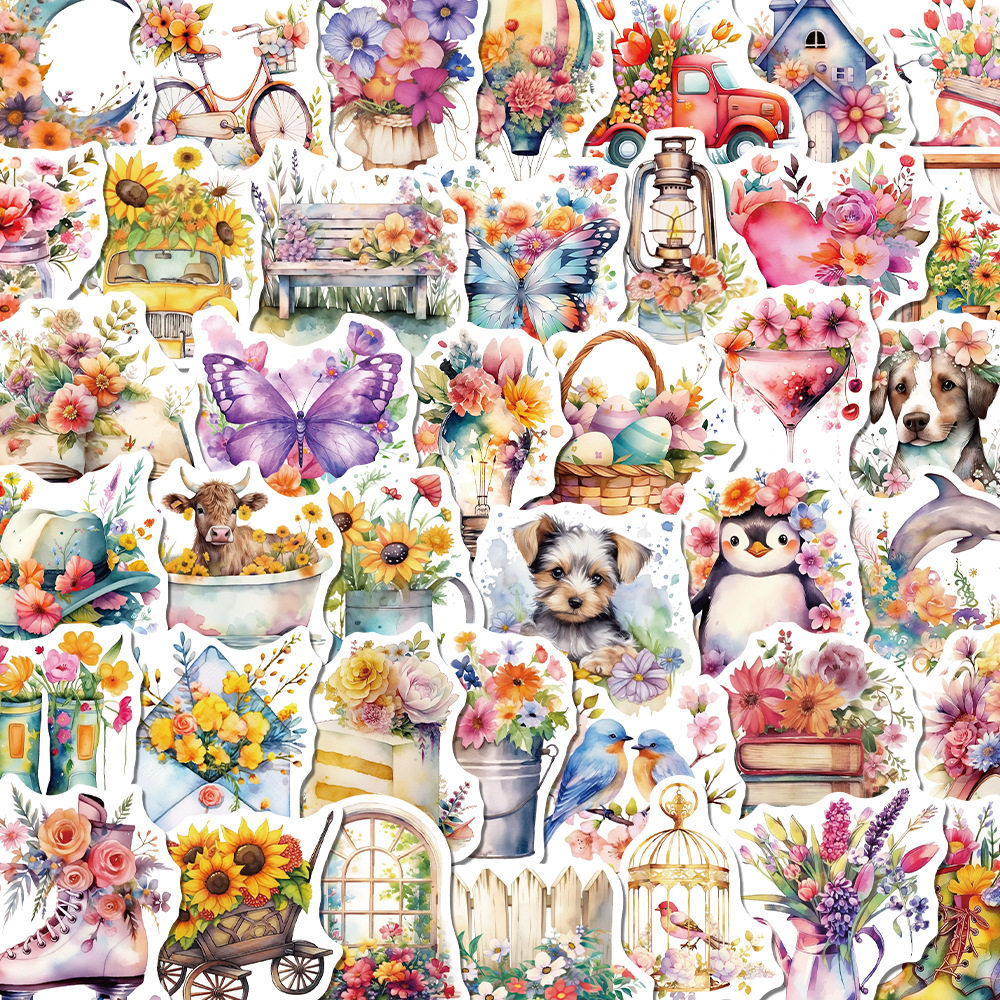 复古美学插花卉贴纸文艺清新ins风创意高级感水杯立体花朵书贴画