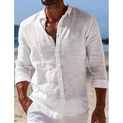 Men Cotton Linen Shirts TurnDown Collar Solid Hawaiian Shirt