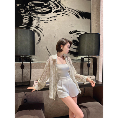 XULU原创夏季轻奢真丝暮云纱印花休闲百搭衬衫领长袖防晒上衣外套