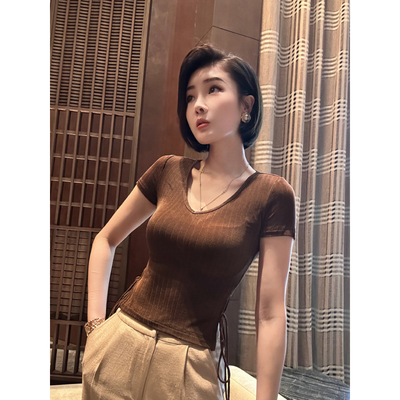 XULU原创夏季醋酸纯色百搭打底衫复古女人味系绳收腰V领短袖上衣