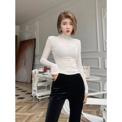 简约百搭长袖天丝毛修身显瘦上衣