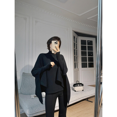 XULU原创秋冬休闲黑色百搭上衣气质修身显瘦高领长袖蝙蝠袖毛衣