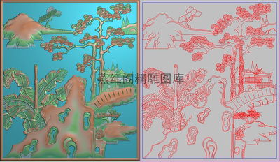 精雕图山水灰度图浮雕图精品芭蕉叶松树房子山水背板门板275x319