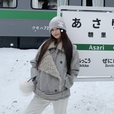 3MER短款羊毛拼接毛毛夹棉大衣