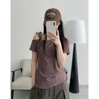 紫色条纹短袖t恤女夏季修身上衣