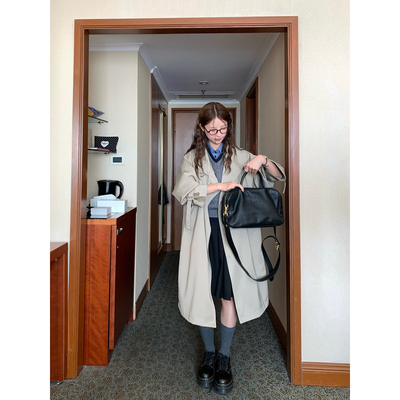 WHYSTUDIO 韩系设计感英伦风经典气质立领宽松长款腰带风衣外套