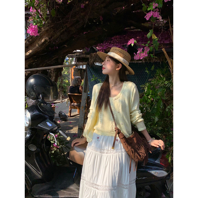 WHYSTUDIO 百香果冰沙凉感防晒针织套装浪漫温柔度假镂空背心开衫