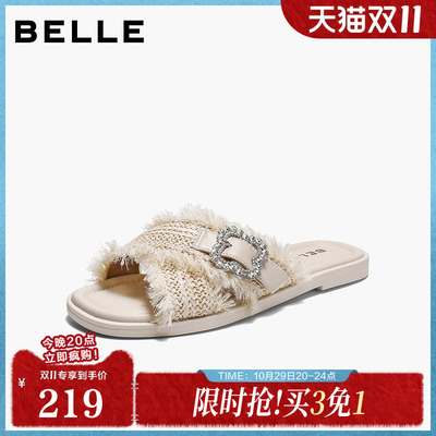 百丽度假风草编一字拖鞋女2026夏新轻便薄底水钻扣拖鞋B3164BT6