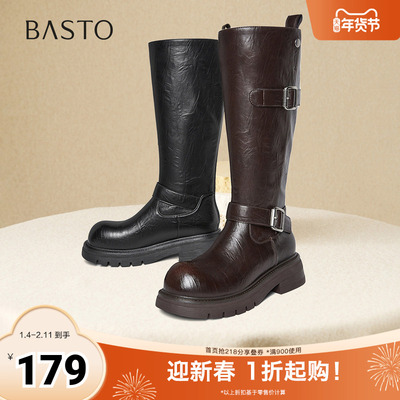 百思图2025冬季新款骑士靴时尚潮流街头女长靴W2053DG5