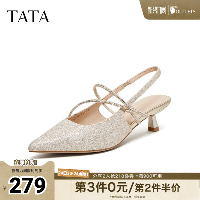 TATA他她尖头小猫跟高跟鞋女包头凉鞋女后空单鞋玛丽珍鞋NGY11BH6