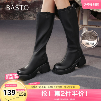 百思图2025冬季新款骑士靴时尚简约街头潮流粗跟女长靴F5607DG5