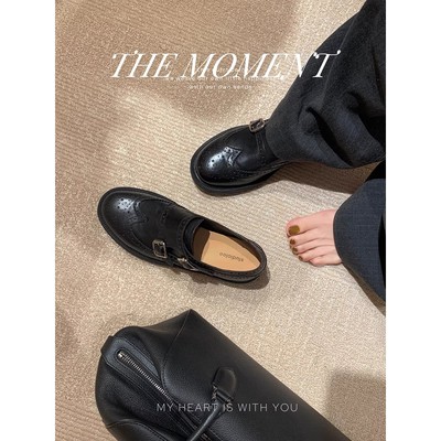 真皮复古英伦风植鞣手抓牛皮布洛克雕花百搭绒里孟克小皮鞋女秋冬