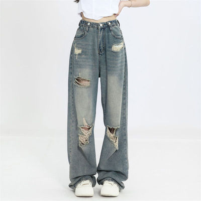womens retro hole-punched jeans high waist loose slim design
