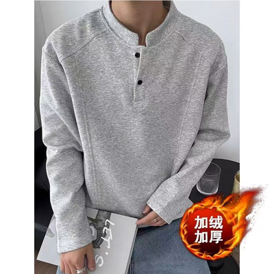 美式亨利领长袖t恤男款秋季短宽boxy立领卫衣cleanfit打底衫潮牌