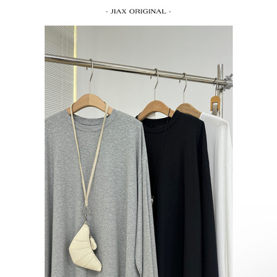 JIAX 春夏简约纯色大版圆领长袖T恤女ins韩版宽松中长款防晒上衣