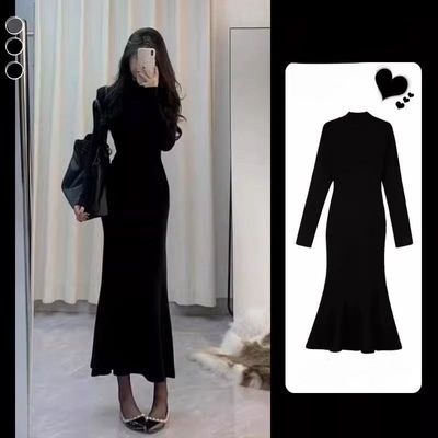 鱼尾裙女黑色针织连衣裙秋冬季大衣内搭包臀长裙2025新款打底裙子