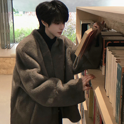 麂皮绒皮毛一体外套斑鸠灰夹克