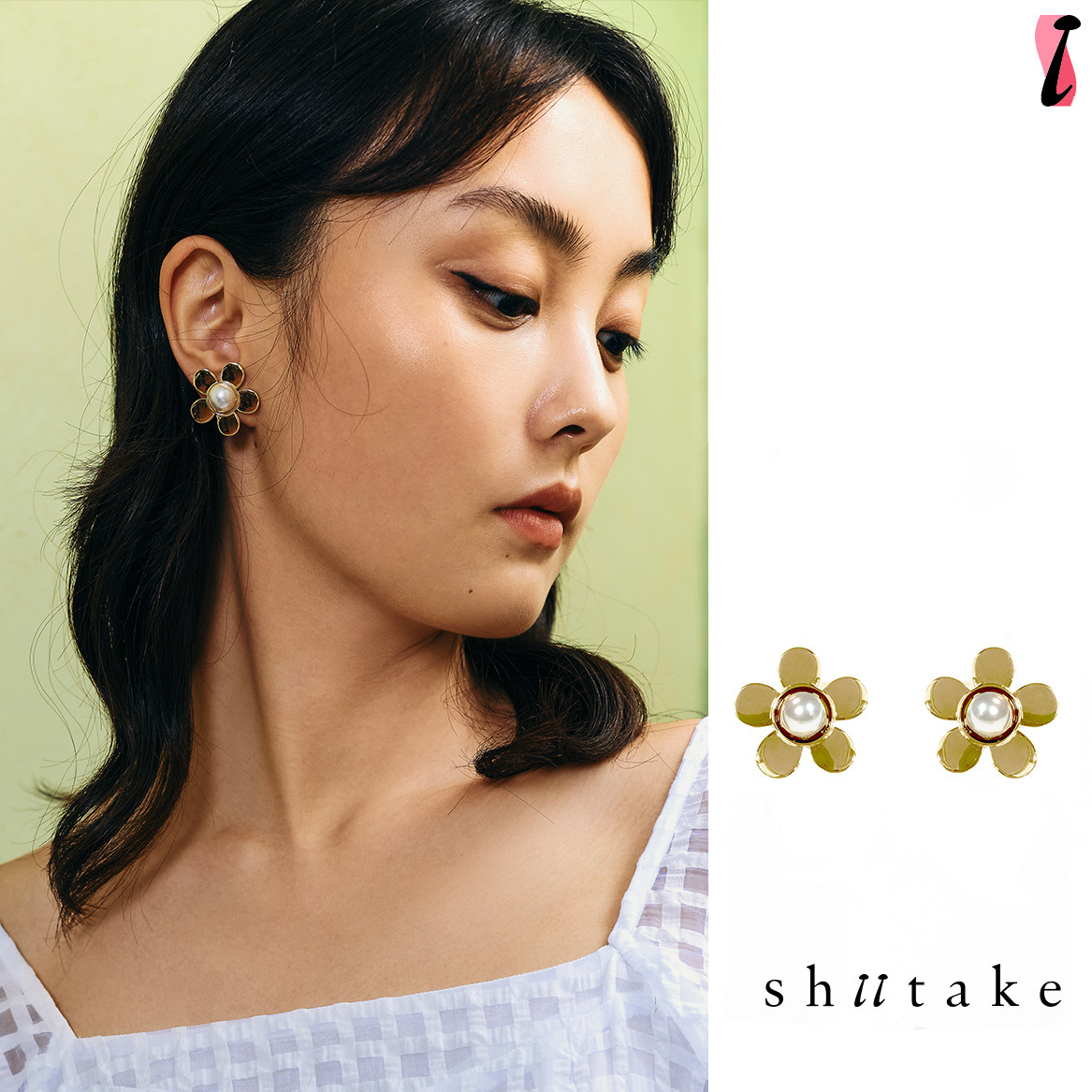 Shiitake 金色五瓣花仿珍珠花朵耳钉耳夹