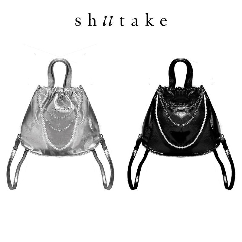 Shiitake 银色黑色大容量y2k辣妹通勤珍珠链条双肩包高级感抽绳包