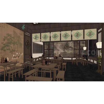 【acon3d】古风茶馆茶楼SU模型，中式传统建筑风格，内部