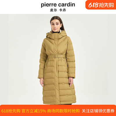 皮尔卡丹女冬季新中长款连帽白鸭绒系带收腰羽绒服女CD54YL010