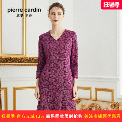 皮尔卡丹女装春季V领长袖连衣裙