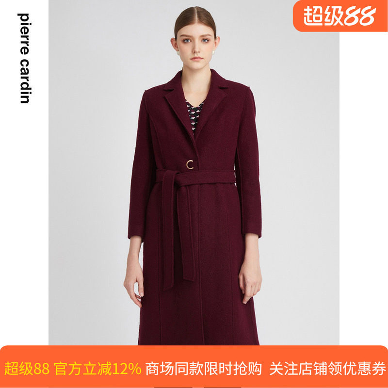 商场同款皮尔卡丹女装毛呢外套酒红色加厚保暖羊毛呢时尚大衣