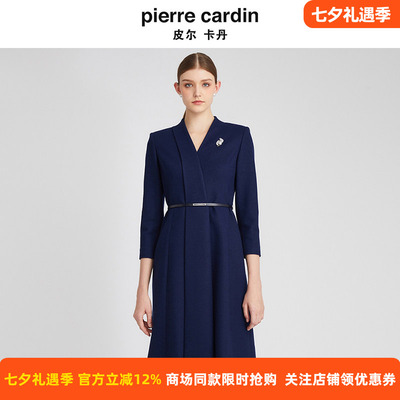 皮尔卡丹女装秋冬新款加厚羊毛裙A字裙V领收腰连衣裙P2410E2880N0