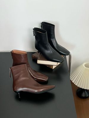 真皮法式气质方头韩系猫跟小踝靴2025年新款百搭瘦瘦靴平底切尔西