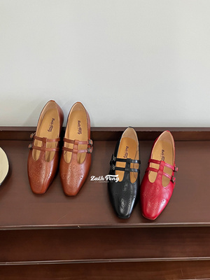 zachpeng原创重工牛皮2025秋冬法式尖头镂空玛丽珍单鞋平底小皮鞋